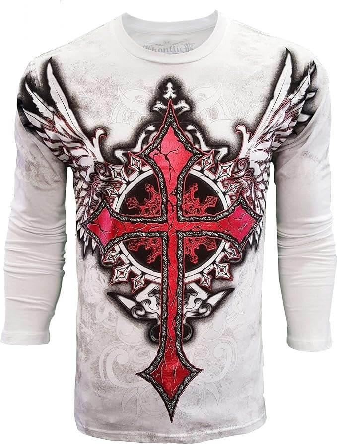 Red Cross Wing Graphic Men's Long Sleeve MMA Style Crew Neck T Shirt